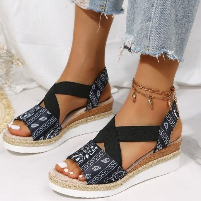 Bandana printed peep toe wedge sandals | Orthopedic elastic criss cross ...