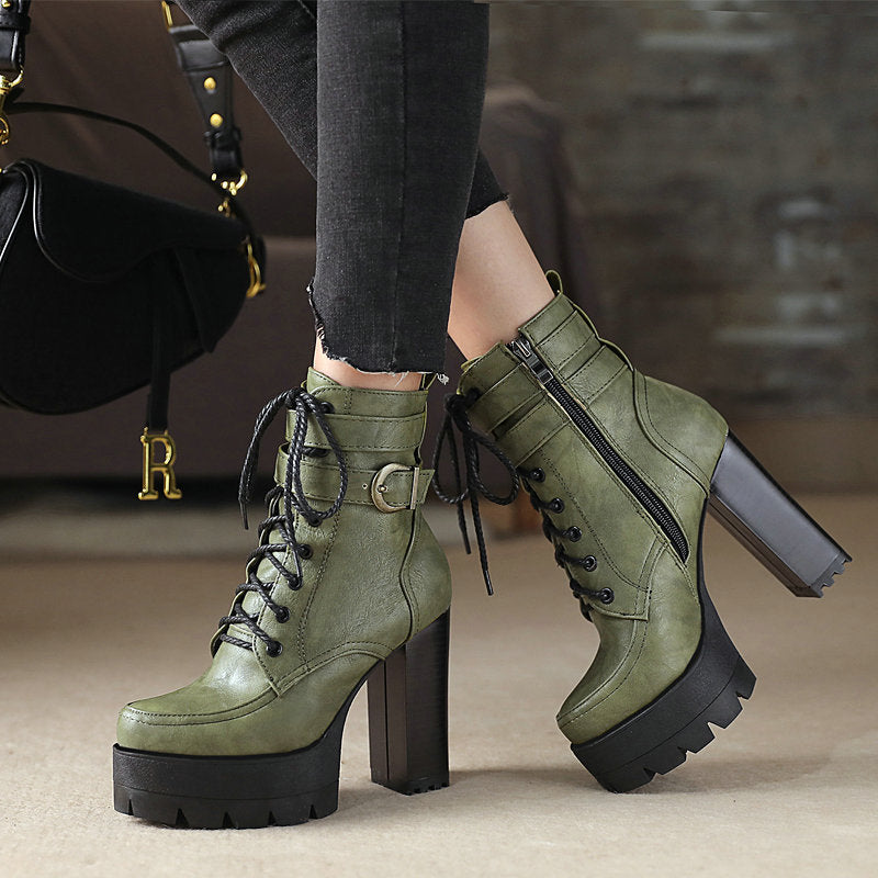 Chunky high heels platform combat boots | British style lace-up ankle ...