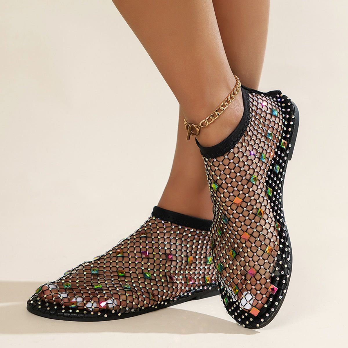 Colorful rhinestone fishnet sandals | Sexy black closed toe sock ...
