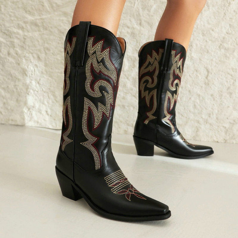 Embroidery cowboy boots under the knee | Block heels western boots ...