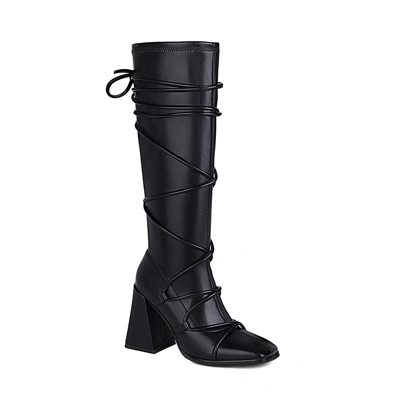 Fashionable tie-up knee high boots | Chunky heels strappy dress boots ...