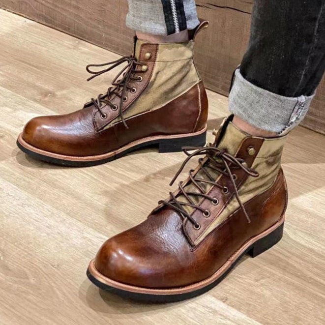 Men's retro-made distressed combat boots | Canvas patchwork round toe ...