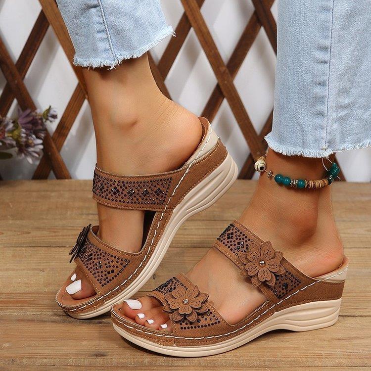 Retro flower wedge heels slides | Wide width slides | Summer vacation ...
