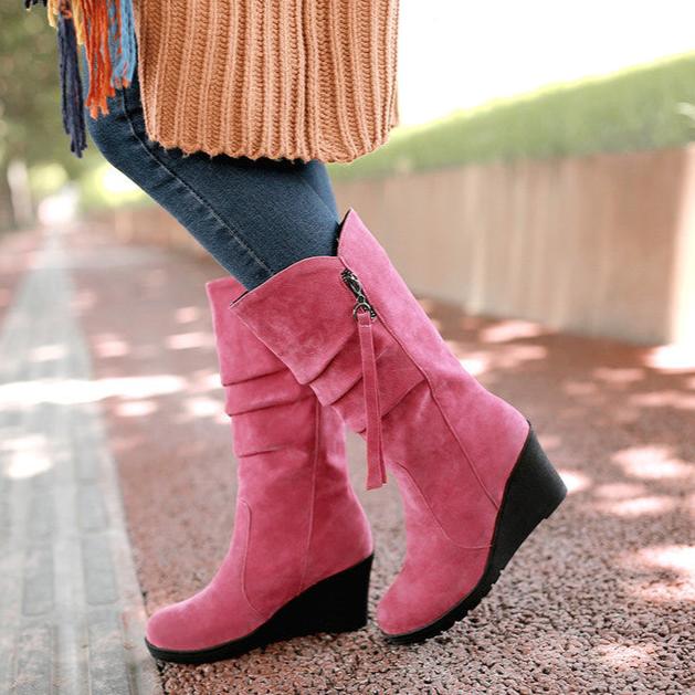 Women's wedge heel mid calf slouch boots | Faux suede mid calf boots ...