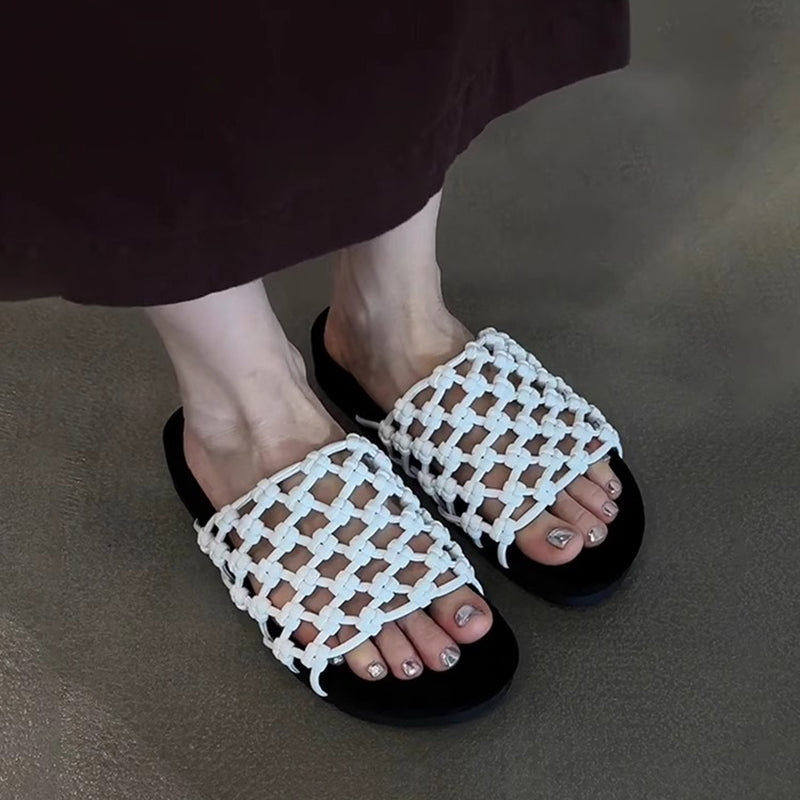 Women's knotted net platform slides | fishnet hollow woven slippers ...