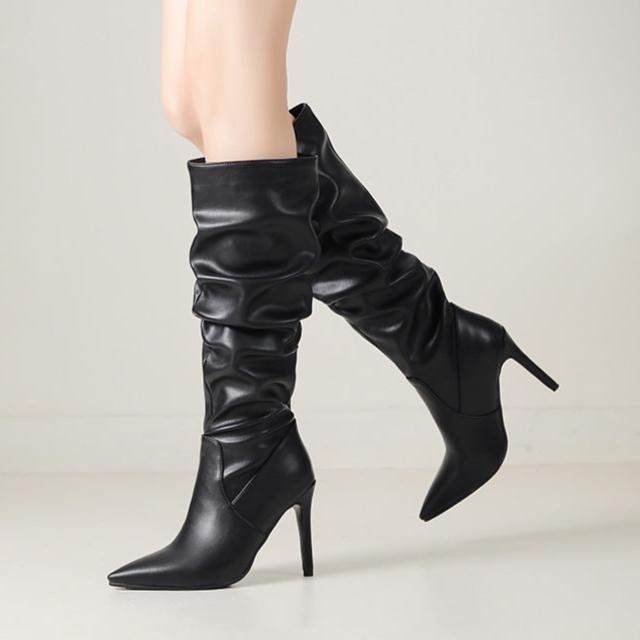 Women's slouch stiletto heels boots under the knee | PU leather ruched ...