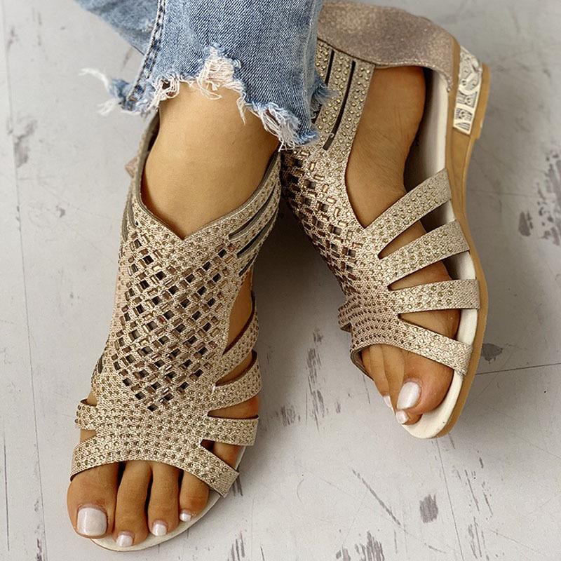 Women rhinestone gladiator sandals | peep toe hollow wedge sandals with ...