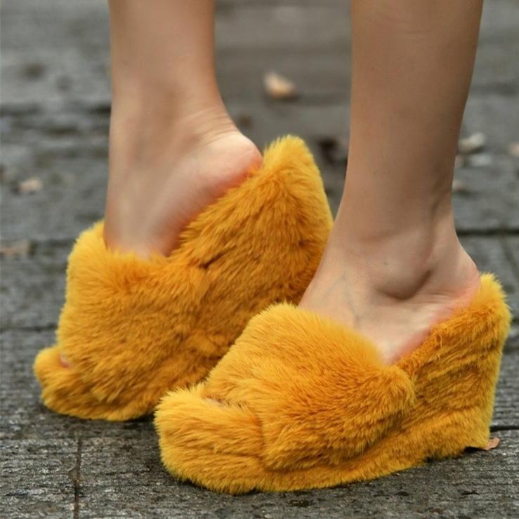 Women's fuzzy peep toe thick platform wedge slippers | Winter fashion ...