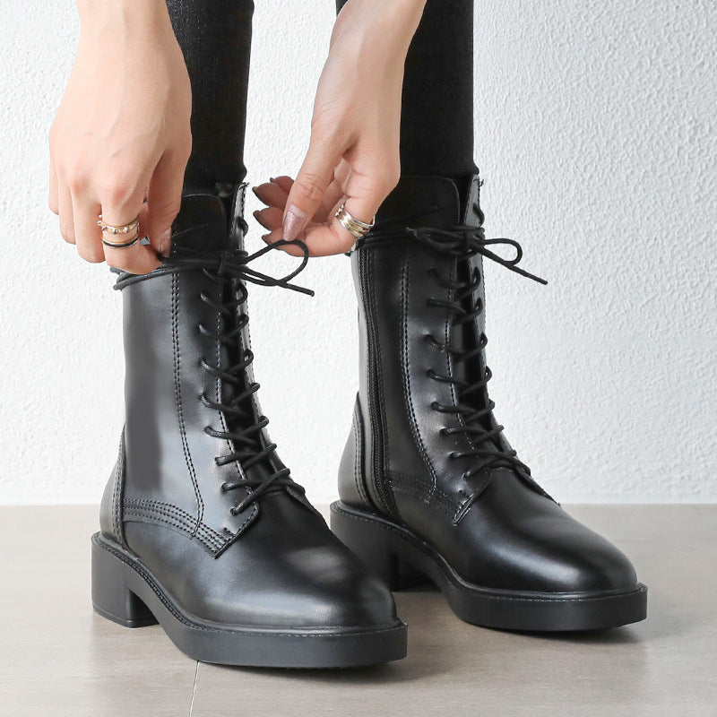 Women's low heels mid calf combat boots | Lace-up biker boots England ...