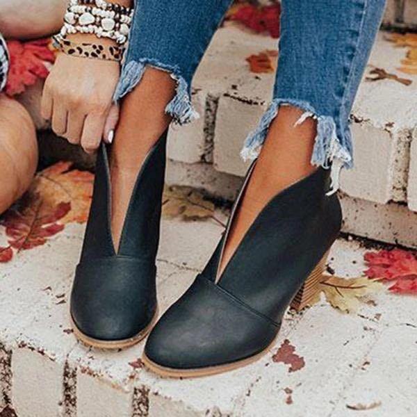 Women's sexy deep v cut chunky ankle boots | Pointed toe stack bock ...