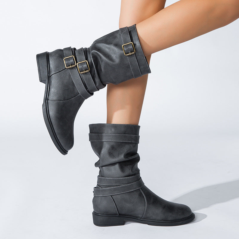 Women's buckle straps slouchy mid calf motorcycle boots | Fall winter ...