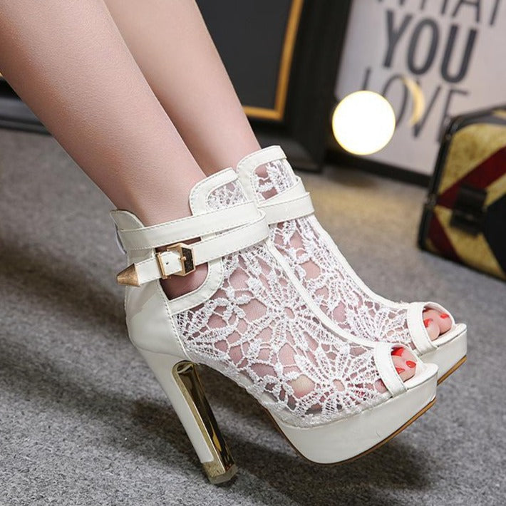 Women's lace peep toe platform high heels sandals | Peep toe high heels ...