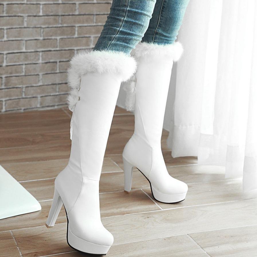 Winter sexy fuzzy cuff chunky high heeled knee high boots ...