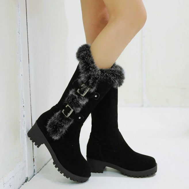Women fur lining mid calf snow boots | Flat winter fuzzy cuff boots ...